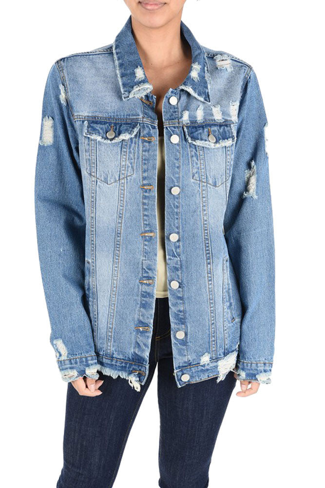 Women's Slashed Back Destroyed Denim Jacket – G-Style USA