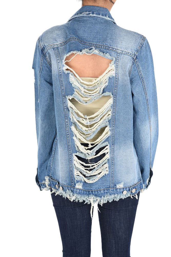 Women's Slashed Back Destroyed Denim Jacket – G-Style USA
