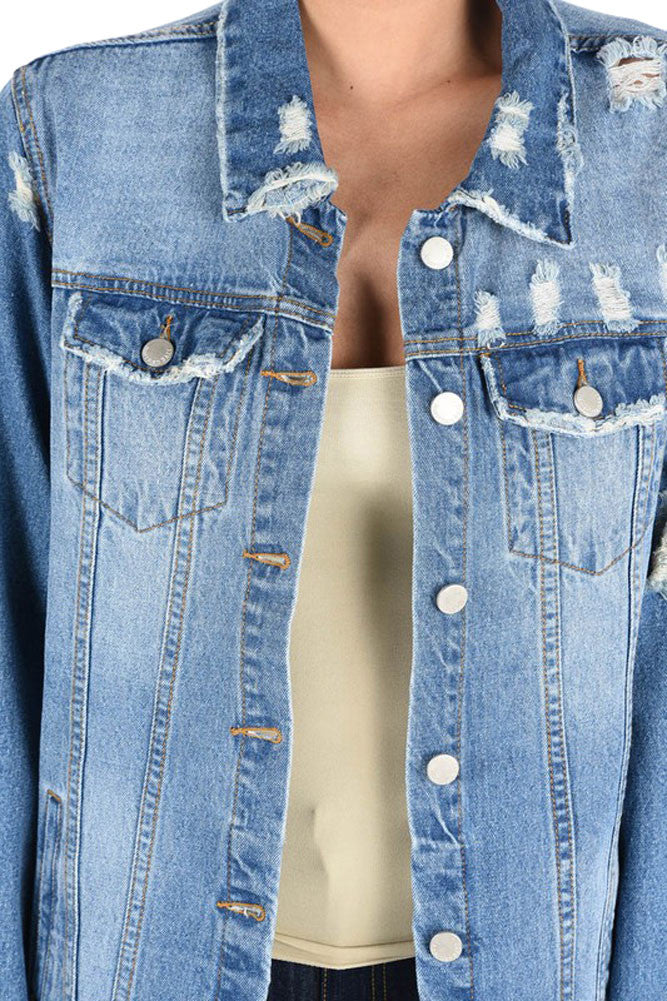 Women's Slashed Back Destroyed Denim Jacket – G-Style USA
